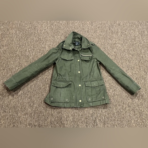 H&M | Jackets & Coats | Hm Hunter Green Gold Buttons Utility Jacket ...